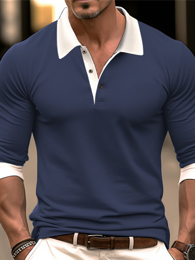 Hombre Polos con botones POLO Casual Deportes Diseño Manga Larga Moda ...