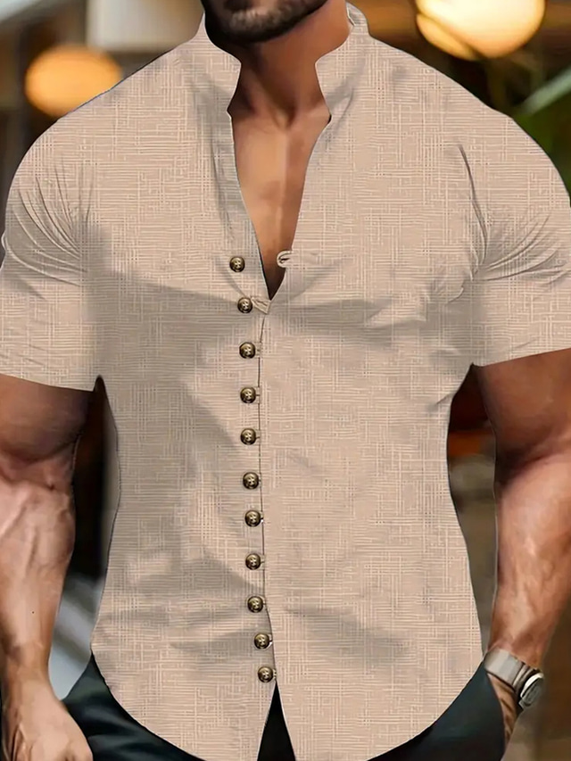 Homme Chemise Chemise Lin Chemise boutonnée Chemise de plage Kaki Manche Courte Plein Col Mao ...