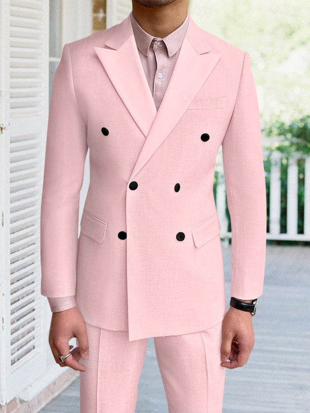 Green White Pink Men's Wedding Suits Solid Colored 2 Piece Tailored Fit Double Breasted Six ...