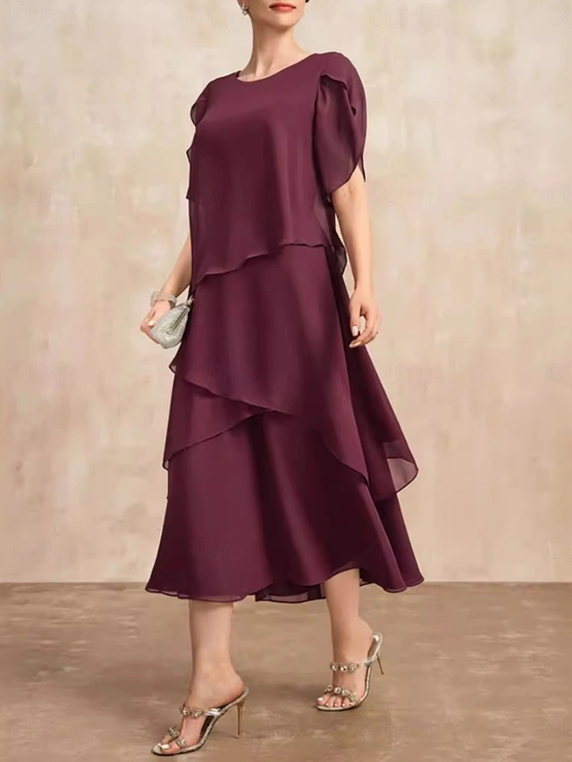 Women's Graduation Dress Midi Dress Solid Color Wine Rose Red Summer ...