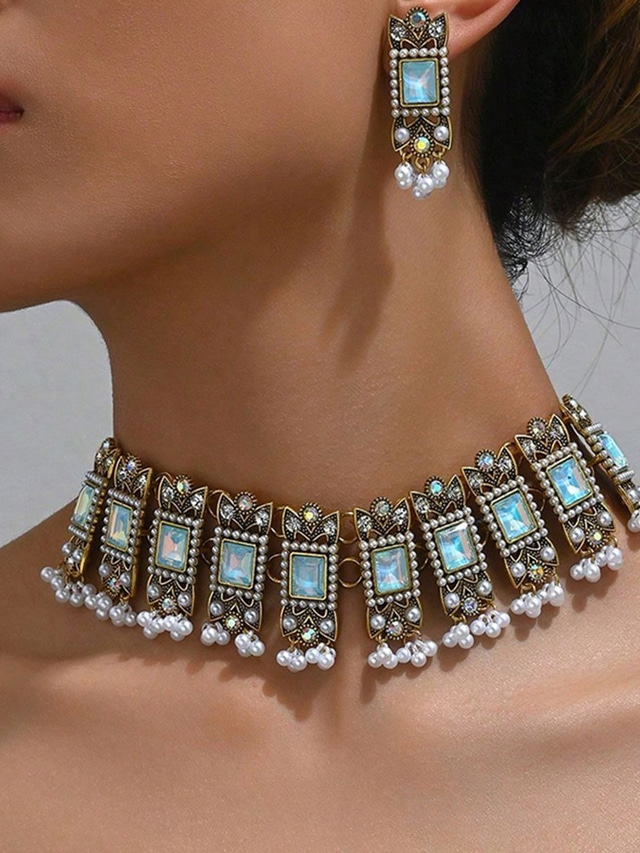 Ethnic style alloy gem necklace earrings 2-piece retro Heavy Industry ...