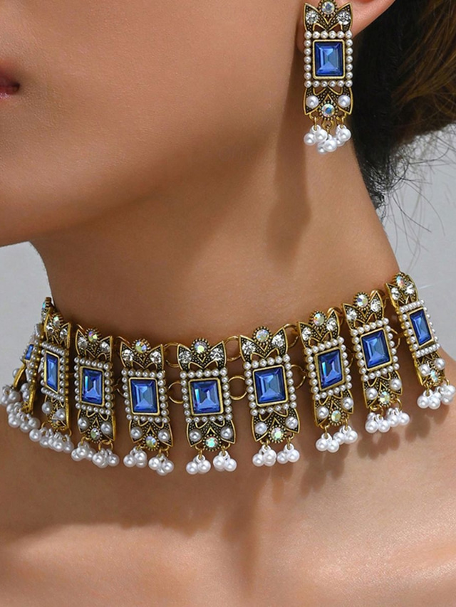 Ethnic style alloy gem necklace earrings 2-piece retro Heavy Industry ...