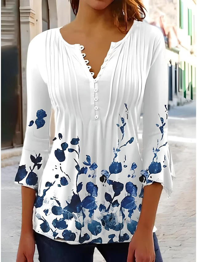 Women's T-Shirt V Neck Ombre Floral Graphic Elegant Stylish Basic 3/4 ...