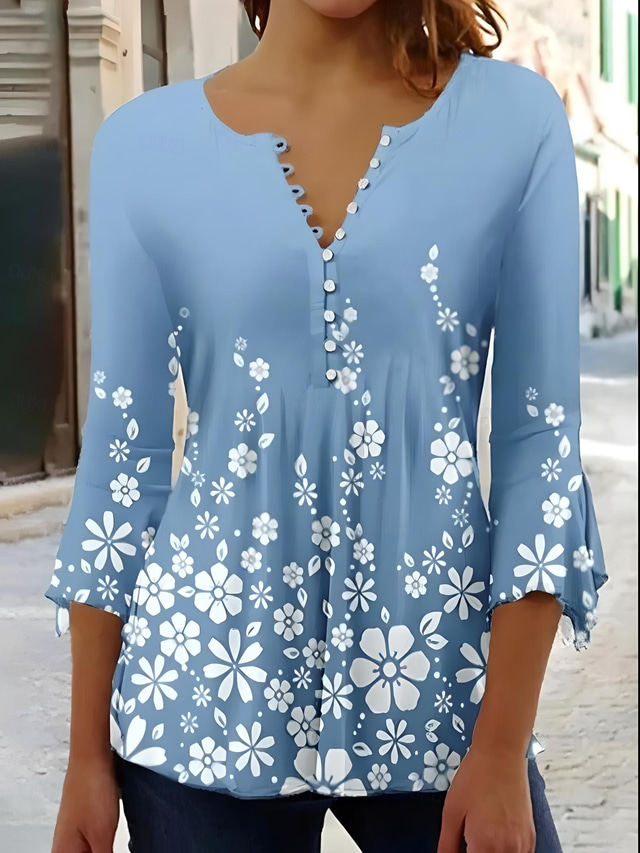 Women's T-Shirt V Neck Ombre Floral Graphic Elegant Stylish Basic 3/4 ...