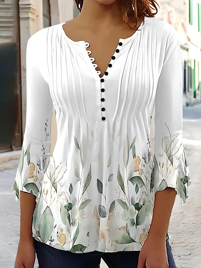 Women's T-Shirt V Neck Ombre Floral Graphic Elegant Stylish Basic 3/4 ...